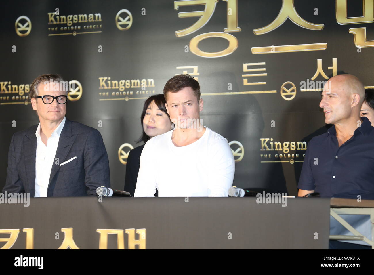 (From left) British actors Colin Firth, Taron Egerton and Mark Strong attend a press conference ...