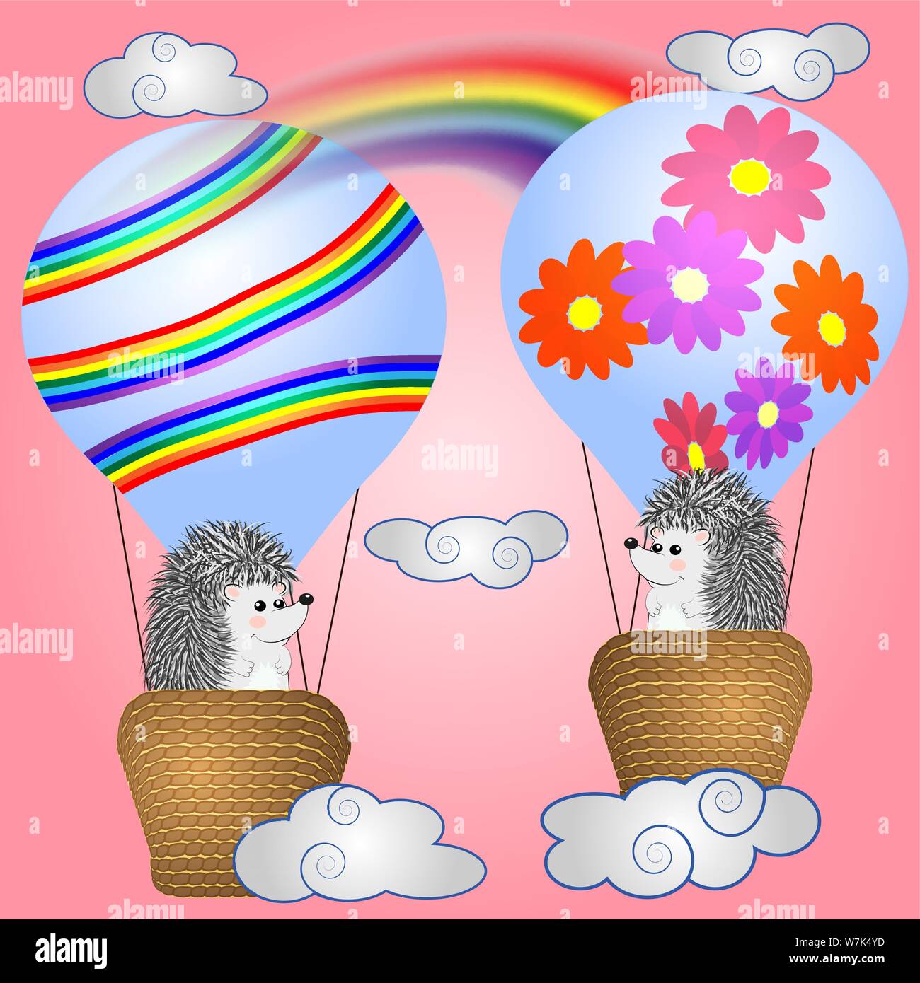 Lovely little hedgehogs fly into cartoons, large bulky balloons in the sky amidst white clouds ...