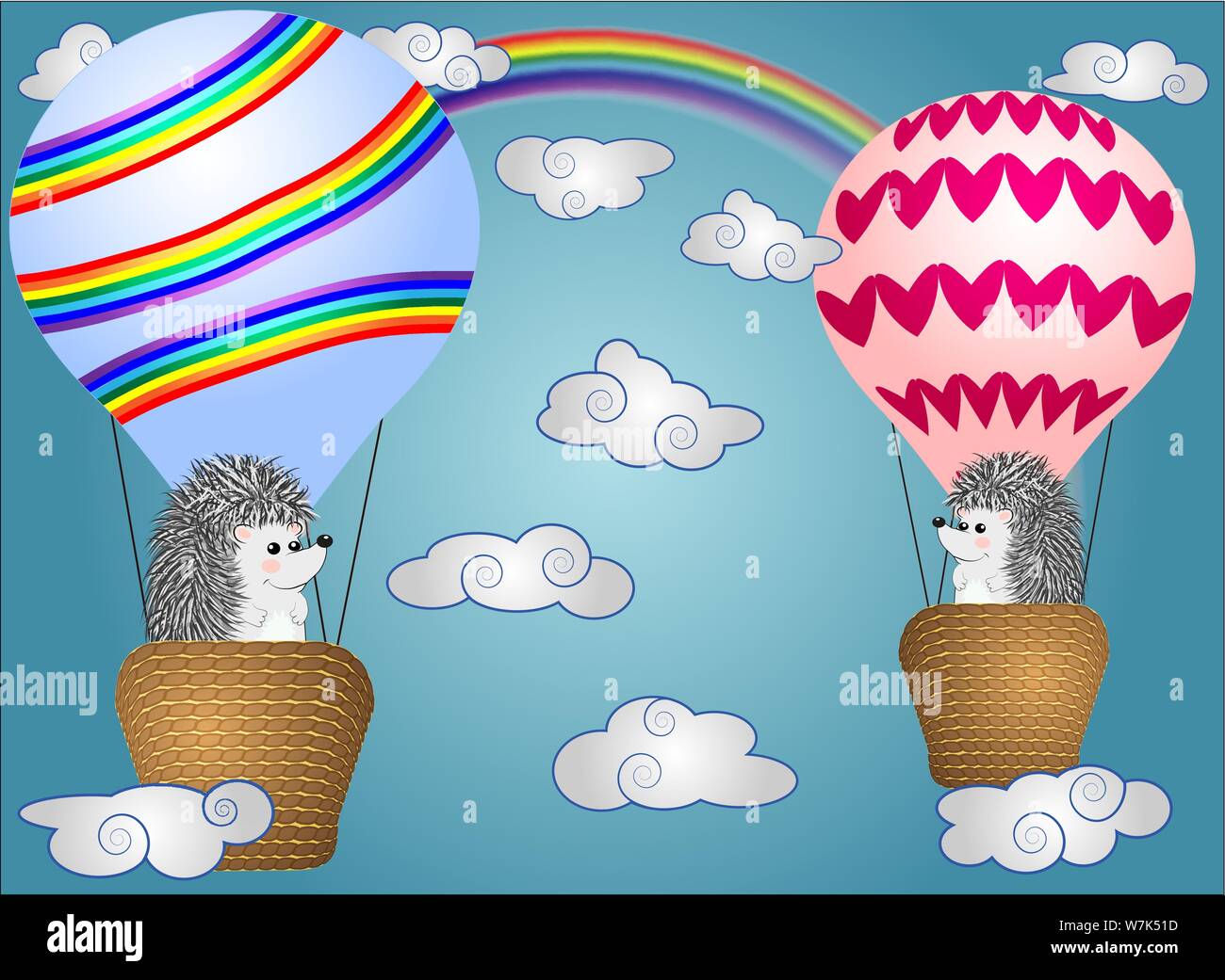 Lovely little hedgehogs fly into cartoons, large bulky balloons in the ...