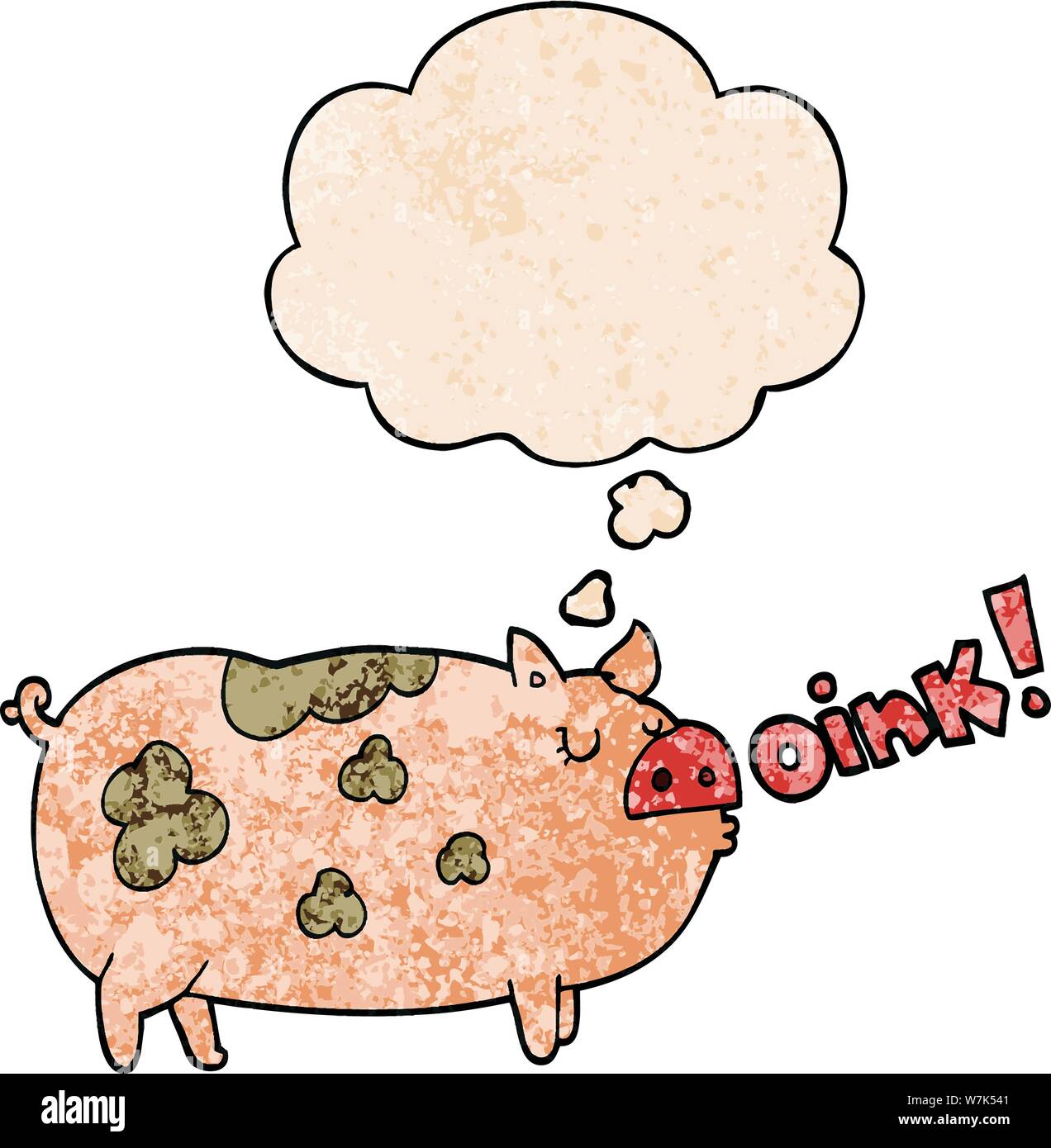 cartoon oinking pig with thought bubble in grunge texture style Stock ...