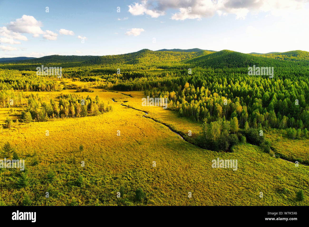 A bird's eye view shows scenery of Greater Khingan Range, also known as ...
