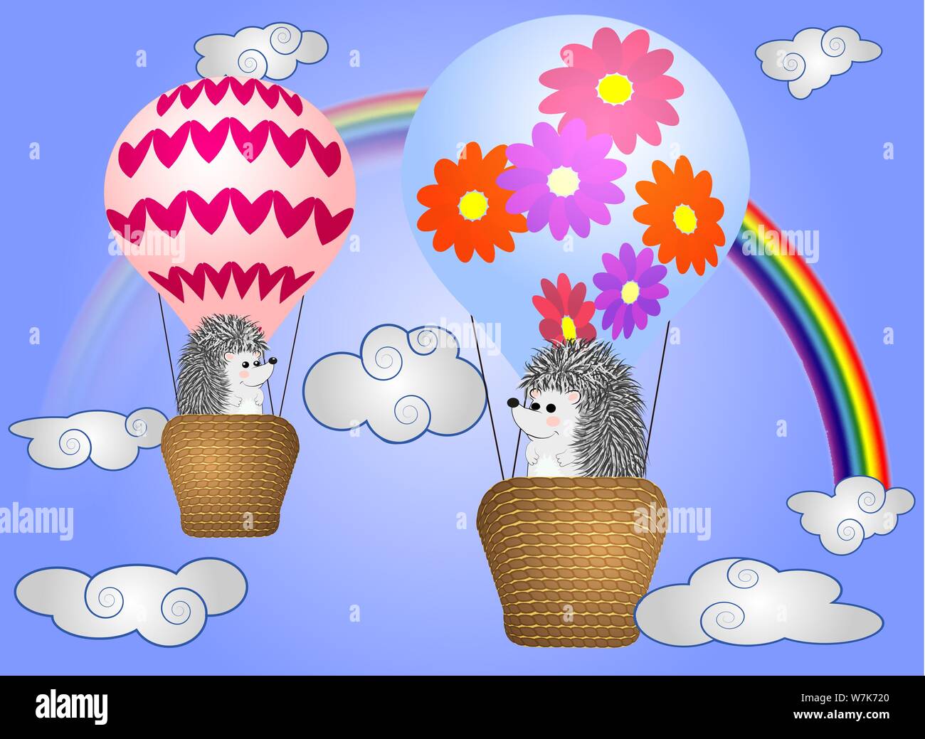Lovely little hedgehogs fly into cartoons, large bulky balloons in the ...