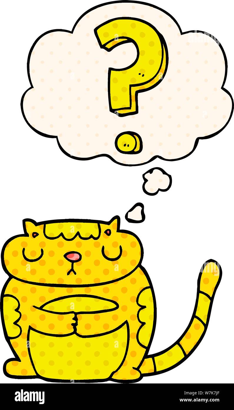 cartoon cat with question mark with thought bubble in comic book style ...