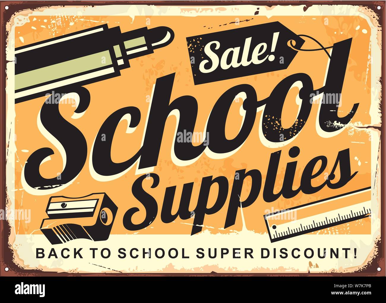 Back to school retro tin sign design layout. Vintage poster for school ...