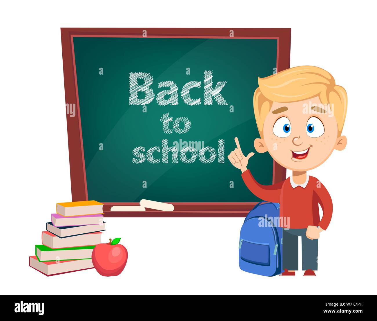Back to school. Cute boy standing near blackboard. Funny kid cartoon ...