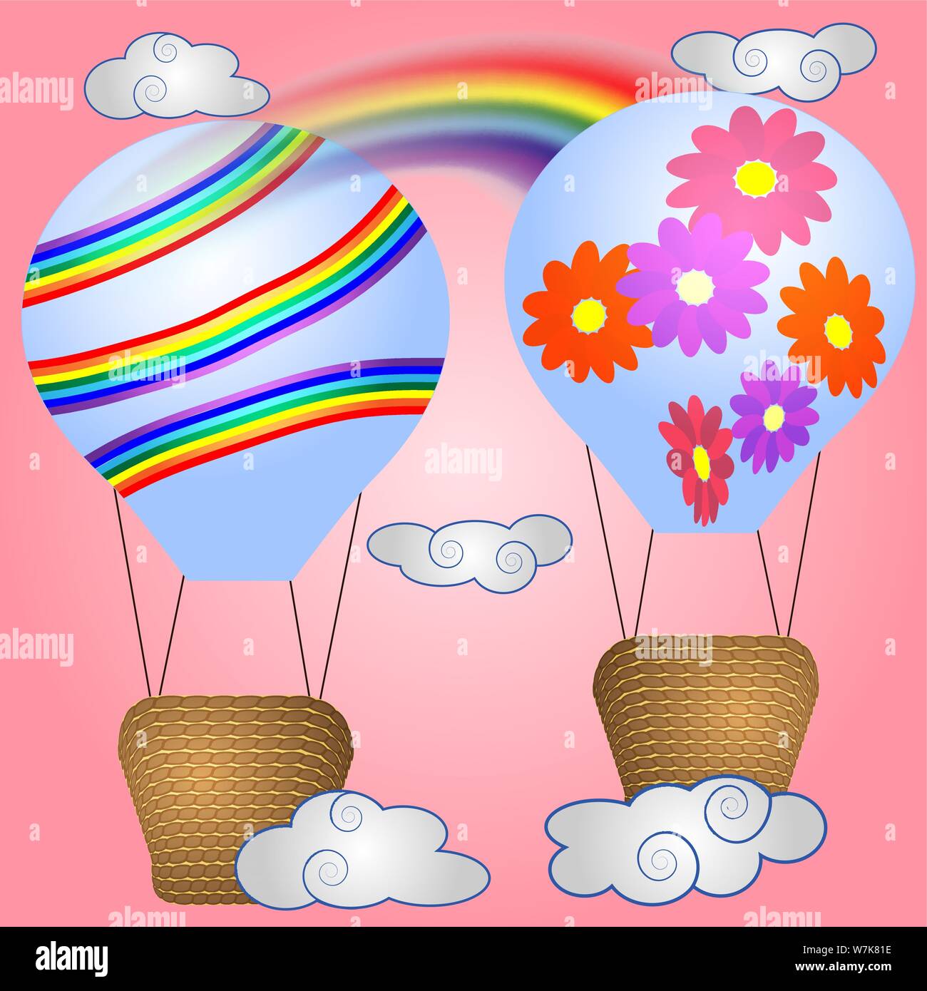 Two Bright, cartoon, large volumetric balloons with a basket in the sky ...