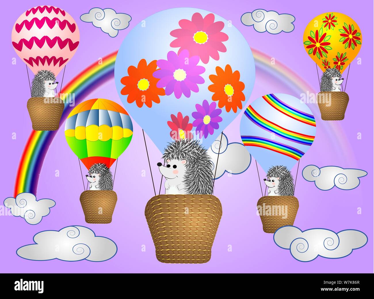 Lovely little hedgehogs fly into cartoons, large bulky balloons in the ...