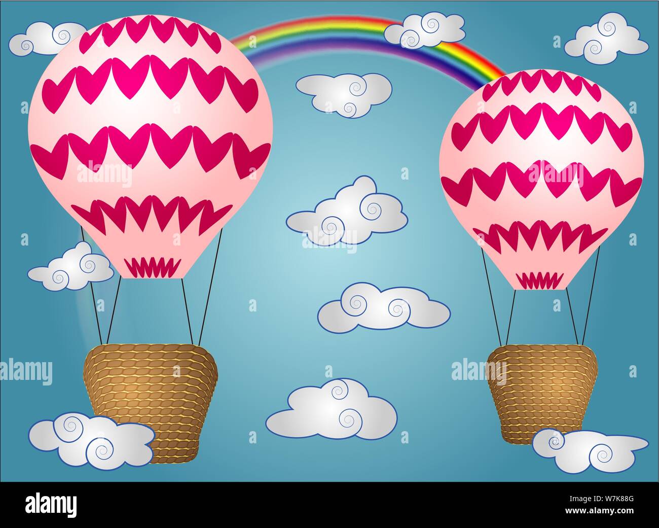 Two Bright, cartoon, large volumetric balloons with a basket in the sky ...