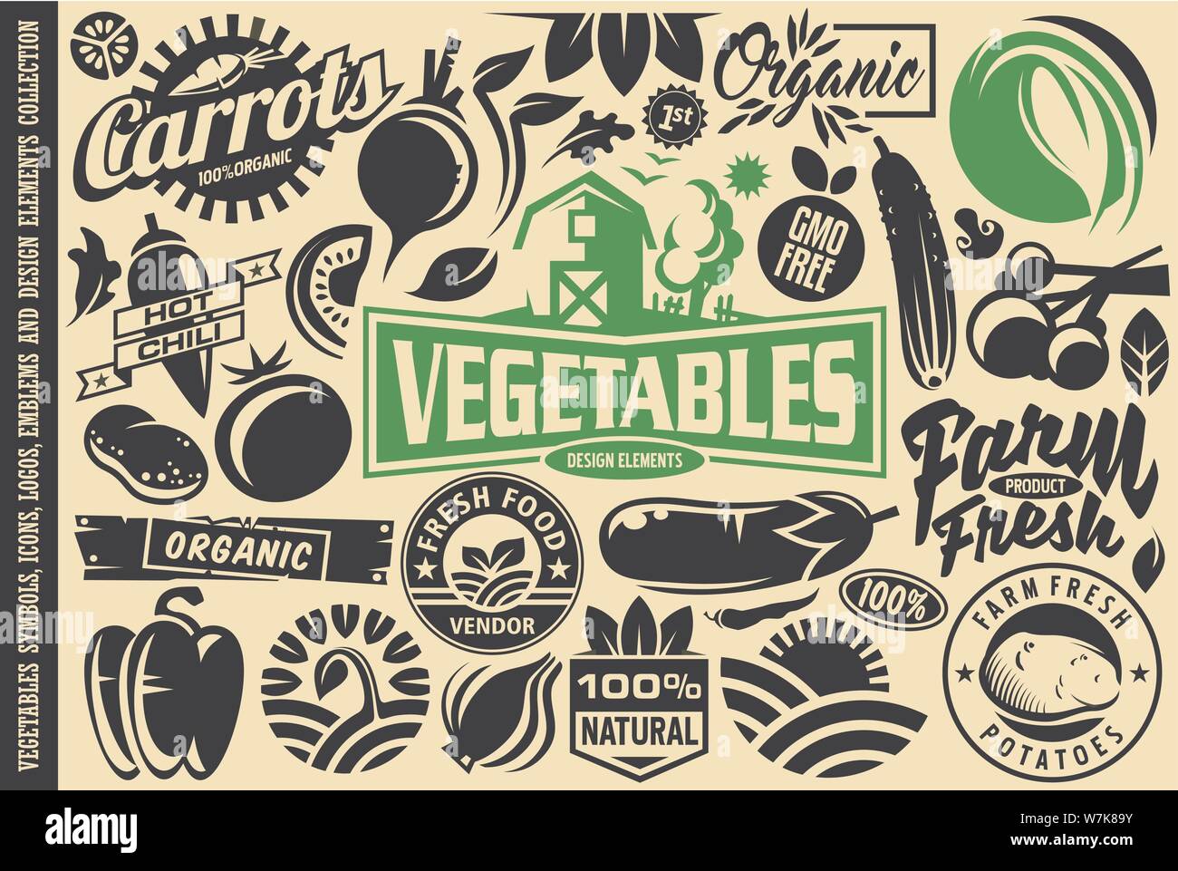 Vegetables design elements and symbols, Farming related graphics, logos ...