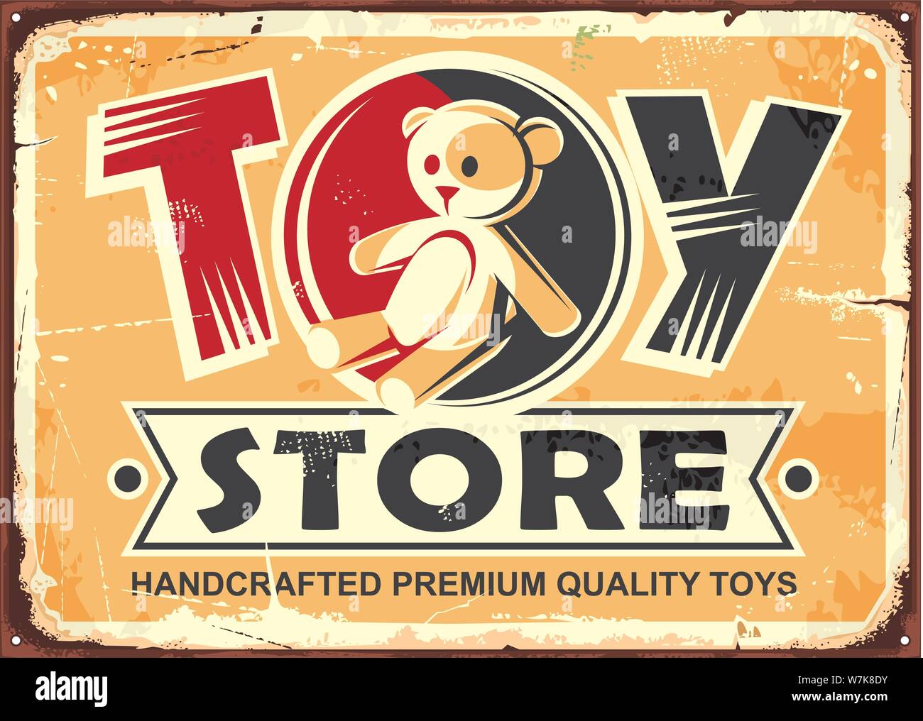 Toy store vintage metal sign with teddy bear and creative typography ...