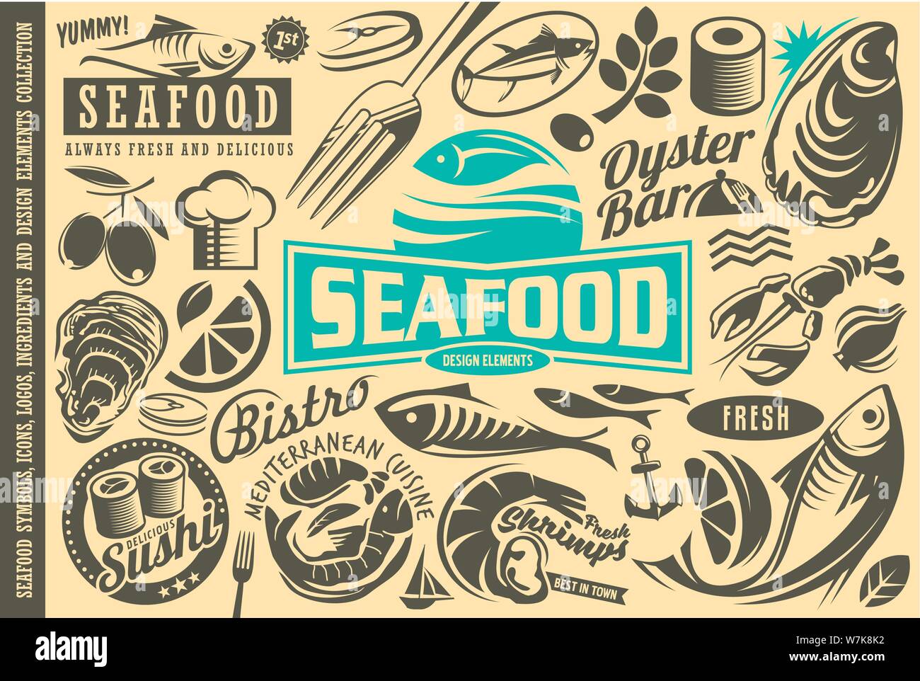 Seafood restaurant design elements collection. Fish, oyster, lobster ...