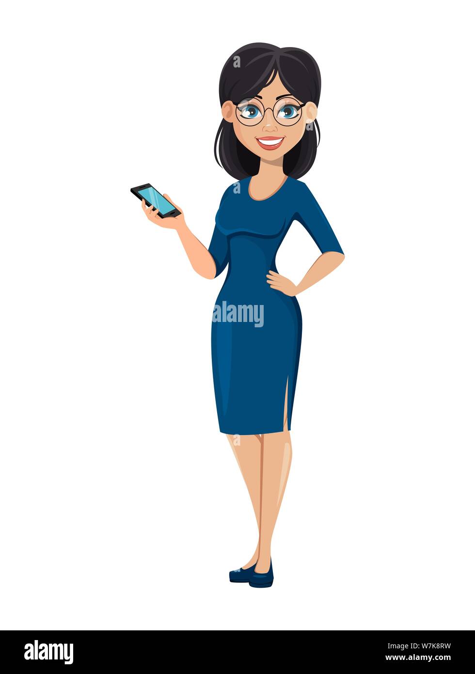 Young beautiful business woman in blue dress. Cute female cartoon ...