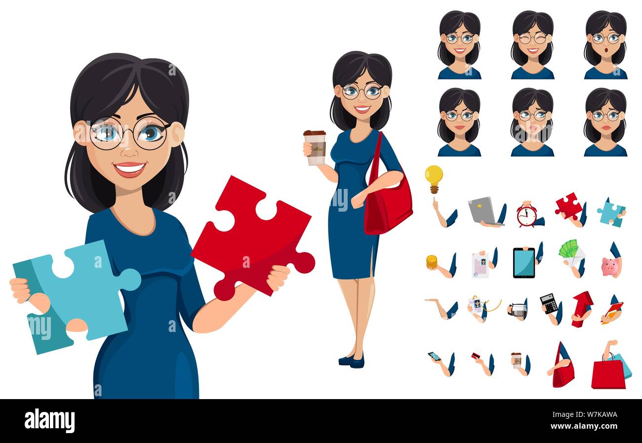 Young beautiful business woman in blue dress. Cute female cartoon ...