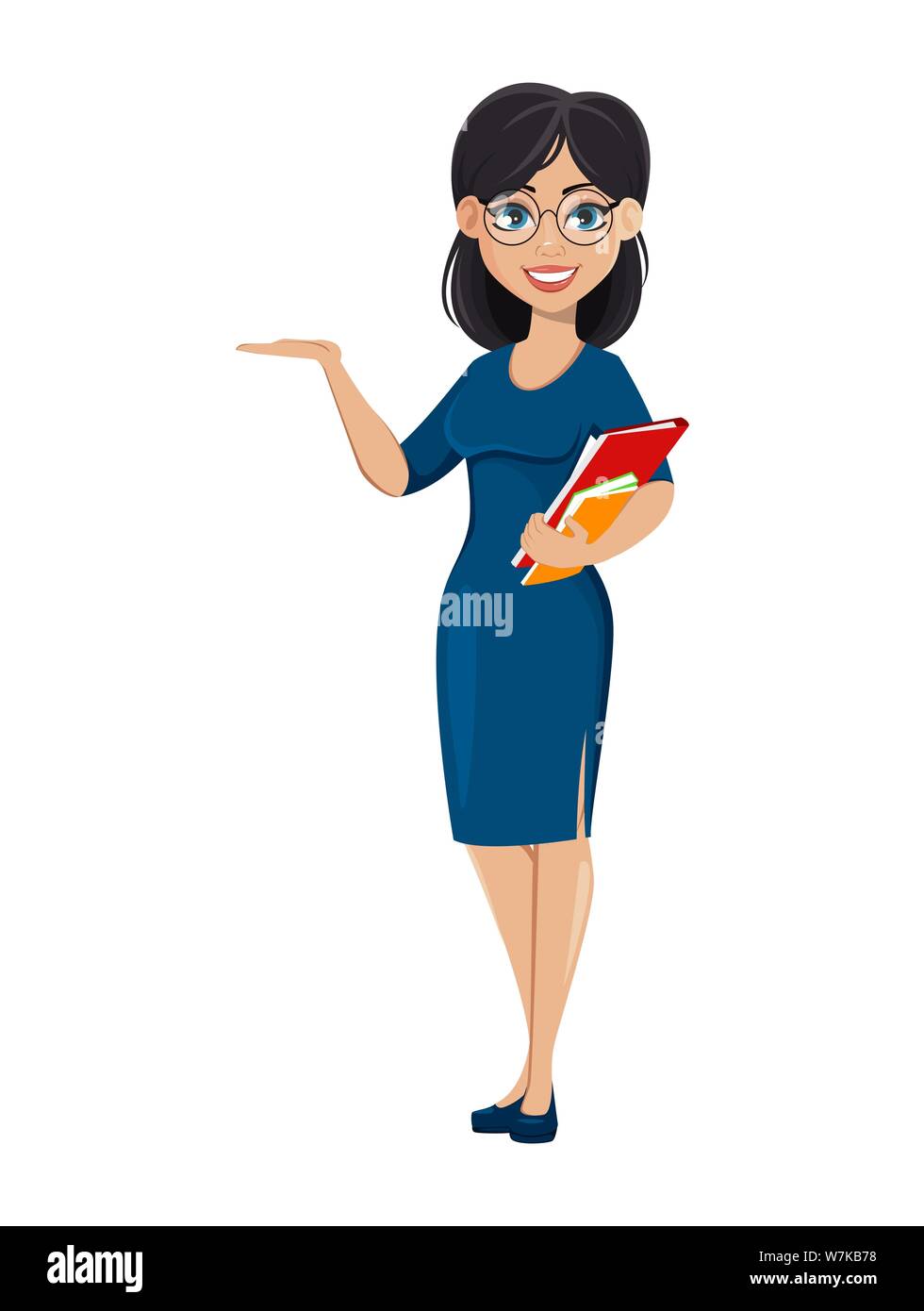 Young Beautiful Business Woman In Blue Dress Cute Female Cartoon