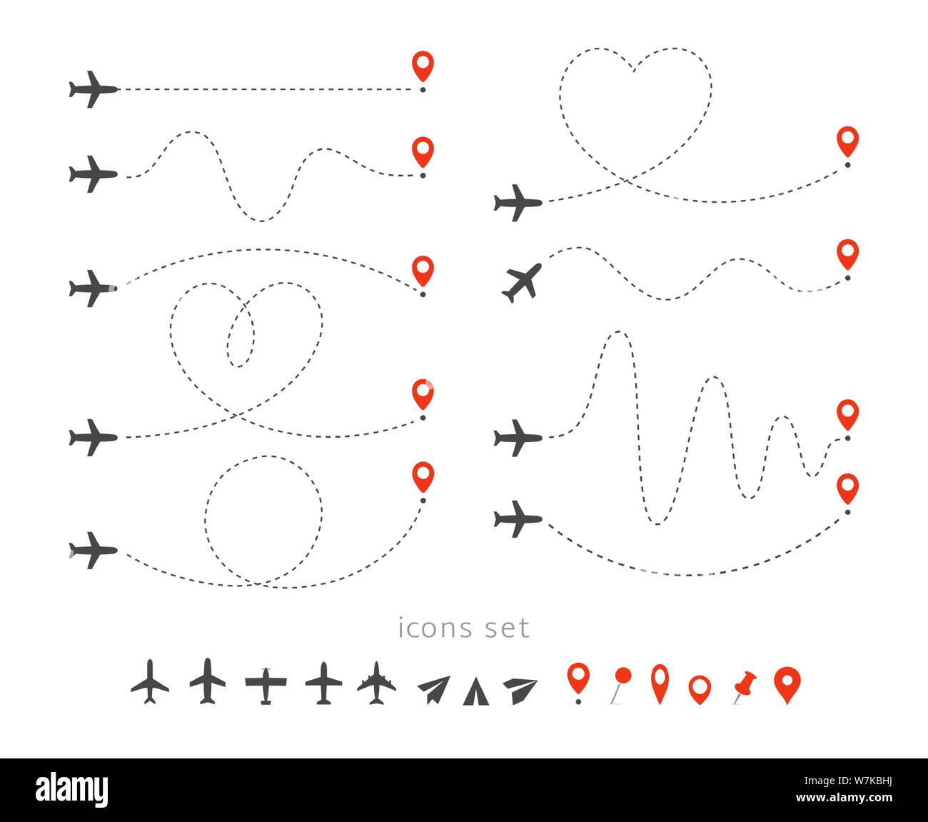 Set icons of travel way by plane. Takeoff and landing of a passenger ...