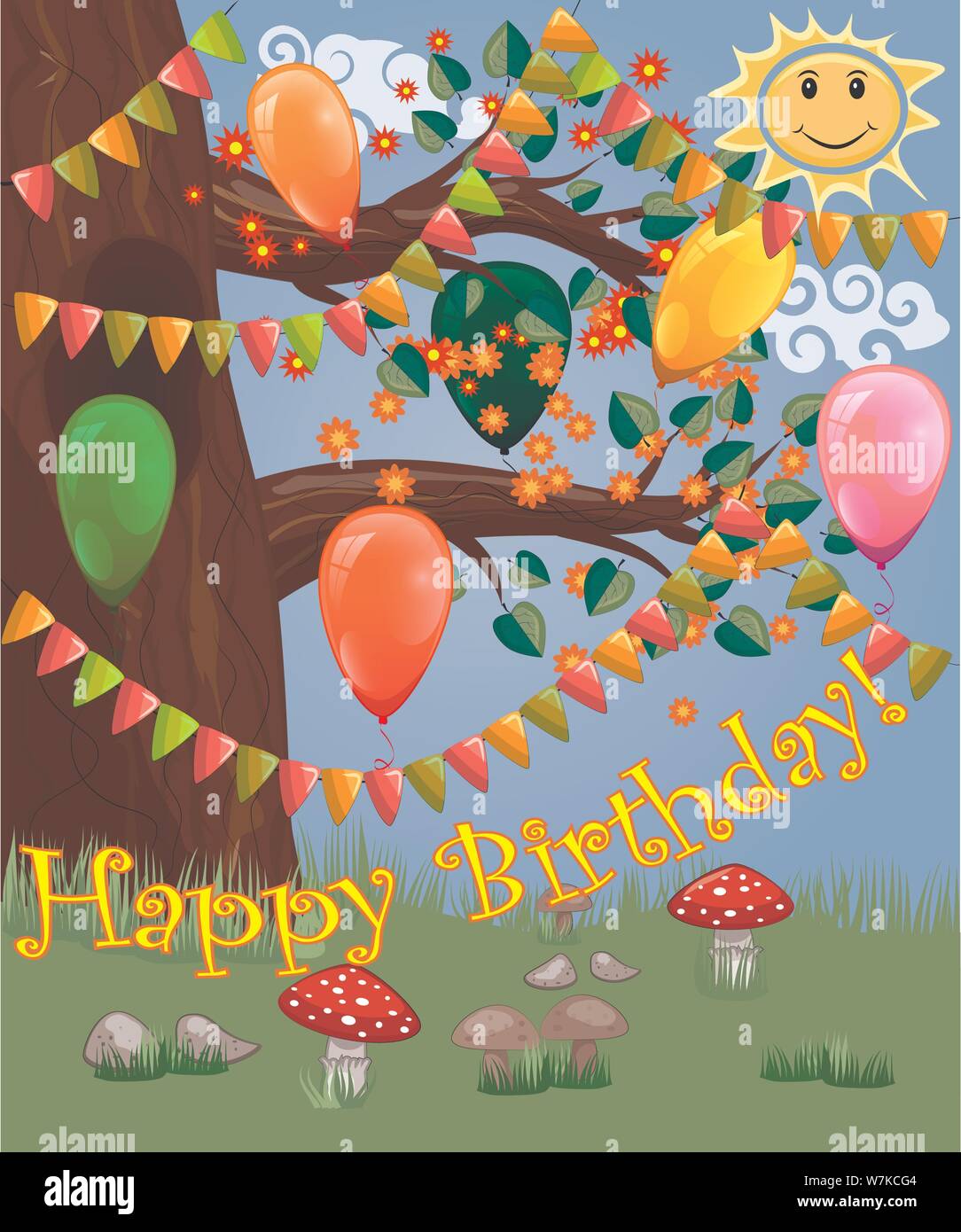 a tree decorated with garlands, balloons, a postcard, a cartoon ...