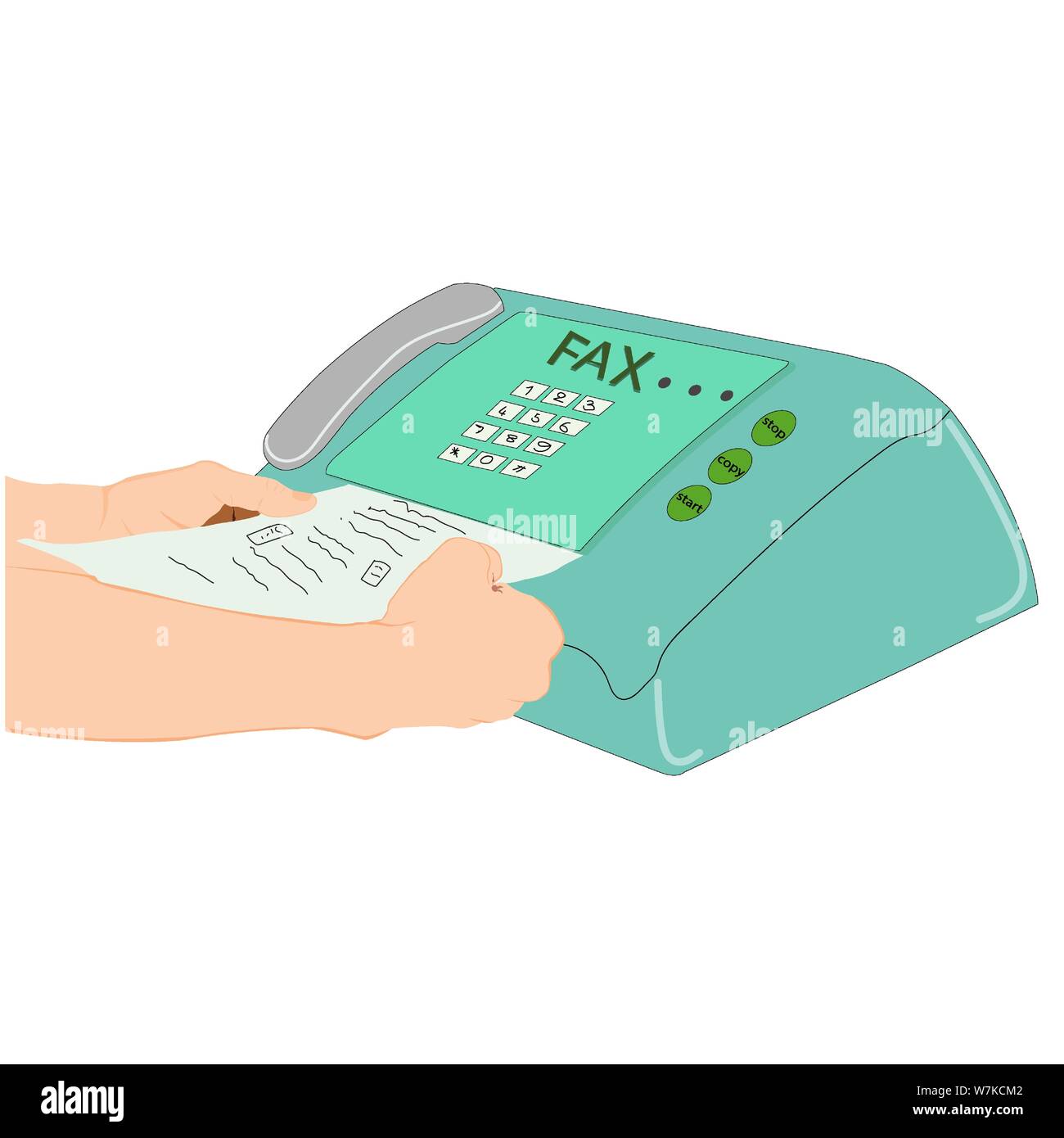 hand man are using a fax machine equipment for data transmission vector ...