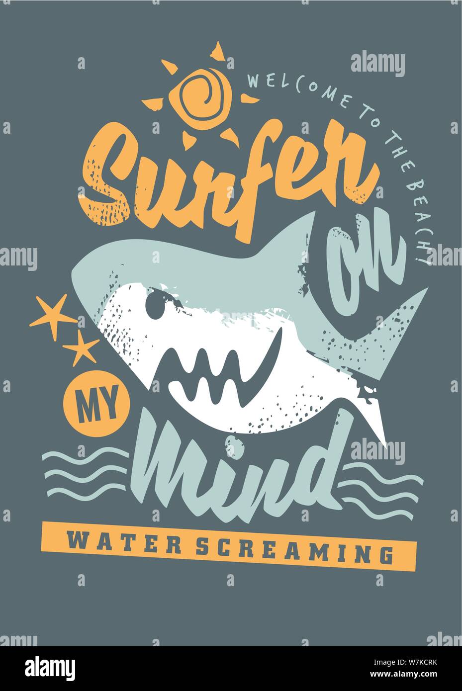 Surfing tee shirt graphic with cartoon shark and creative message. T ...