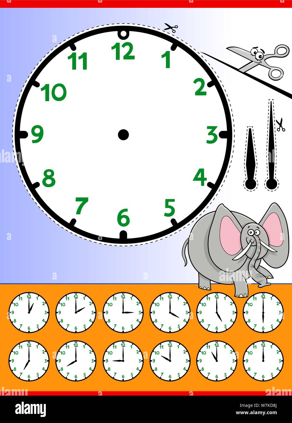Cartoon Illustrations of Clock Face Telling Time Educational Worksheet ...