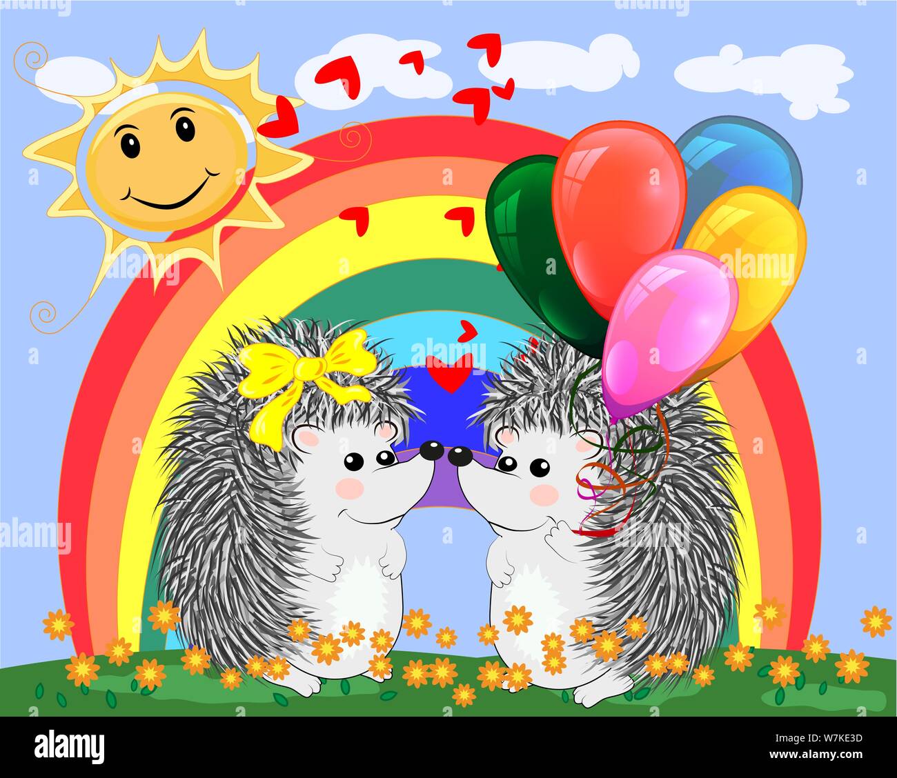 Two lovers cute cartoon hedgehogs, a boy and a girl near a seven ...