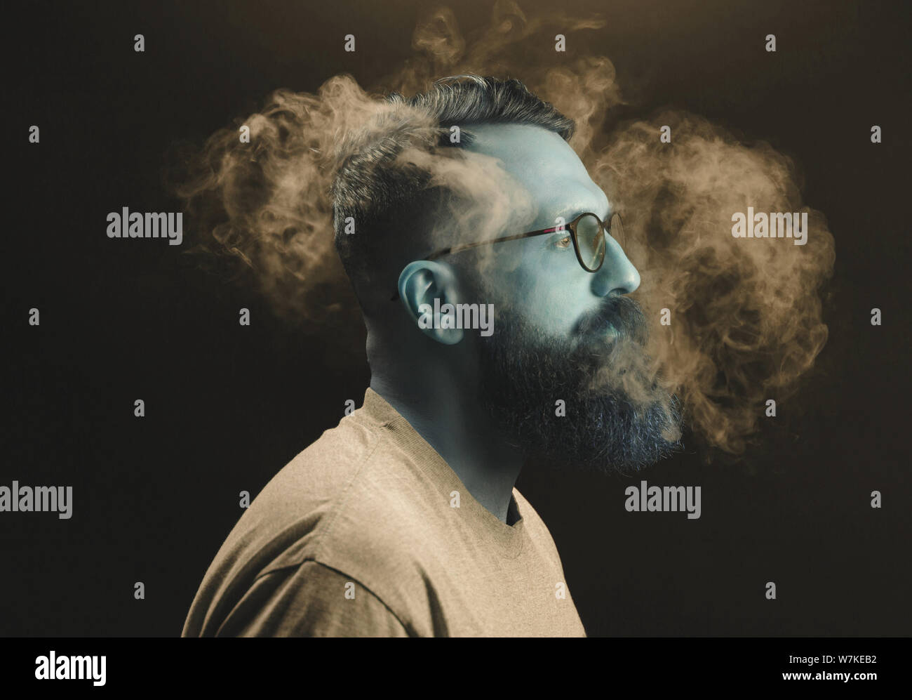 Concept. Smoke enveloped the head man. Portrait of a Bearded, stylish ...