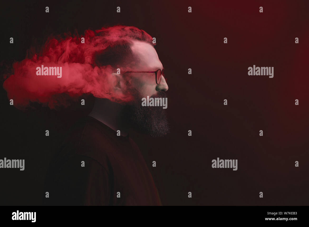 Concept. Smoke enveloped the head man. Portrait of a Bearded, stylish ...
