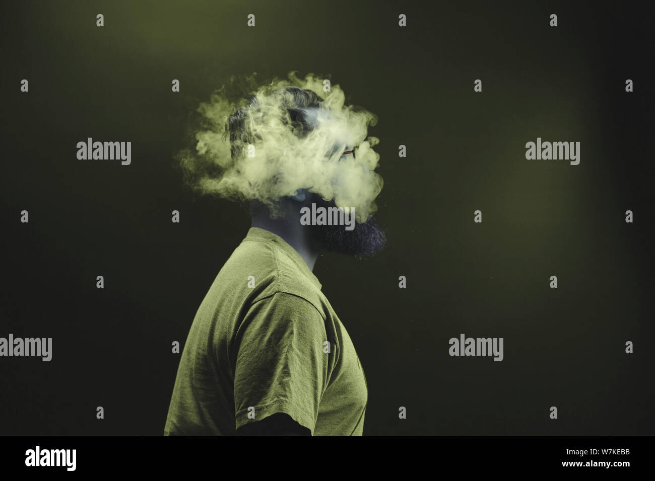 Concept. Smoke enveloped the head man. Portrait of a Bearded, stylish ...
