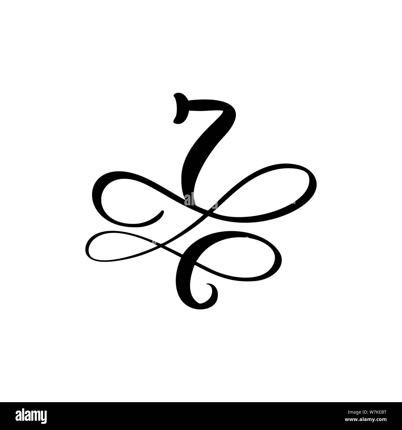 Vector Hand Drawn calligraphic floral number 7 monogram or logo. Hand ...