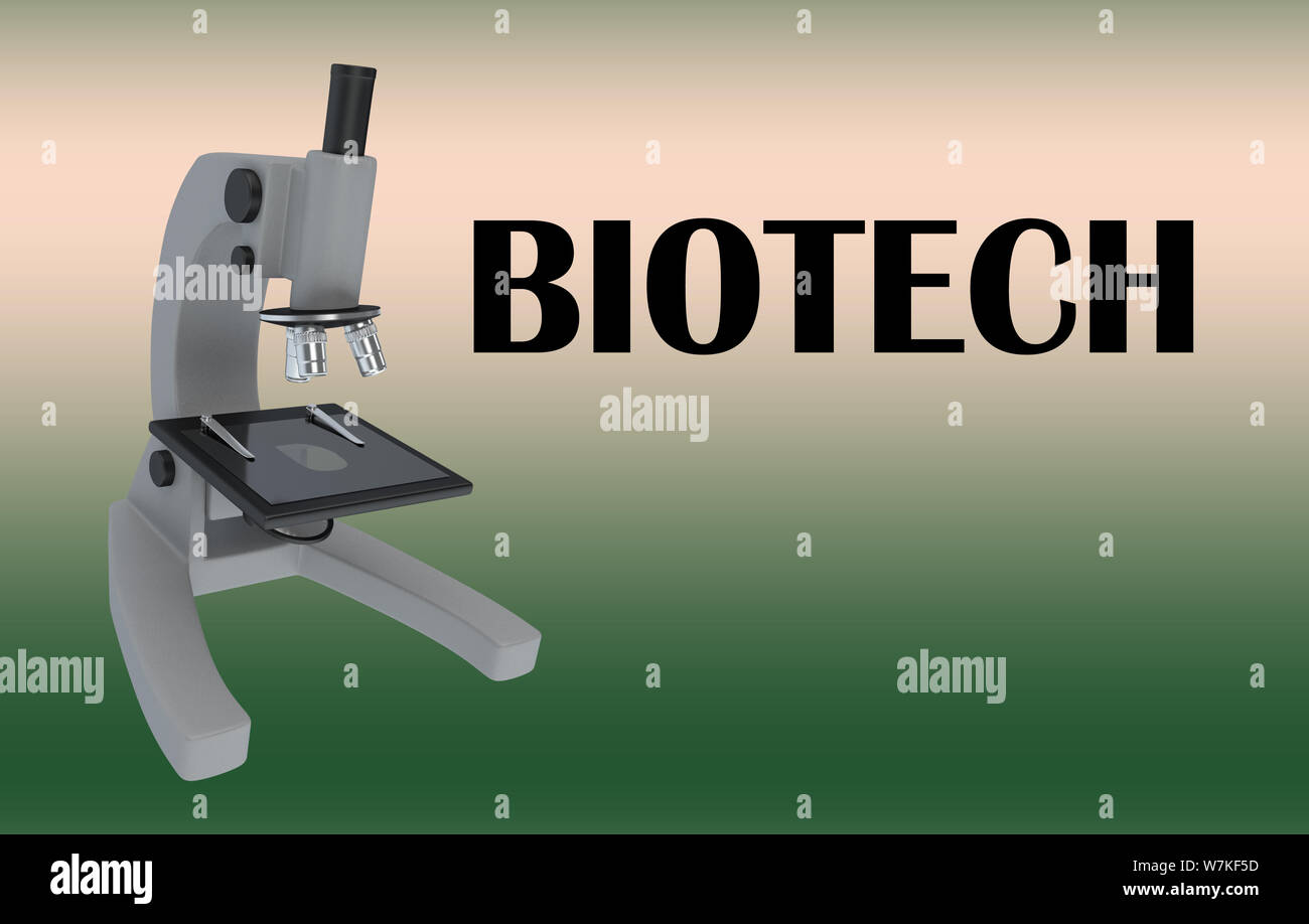 3D illustration of a microscope with BIOTECH title, isolated on green ...
