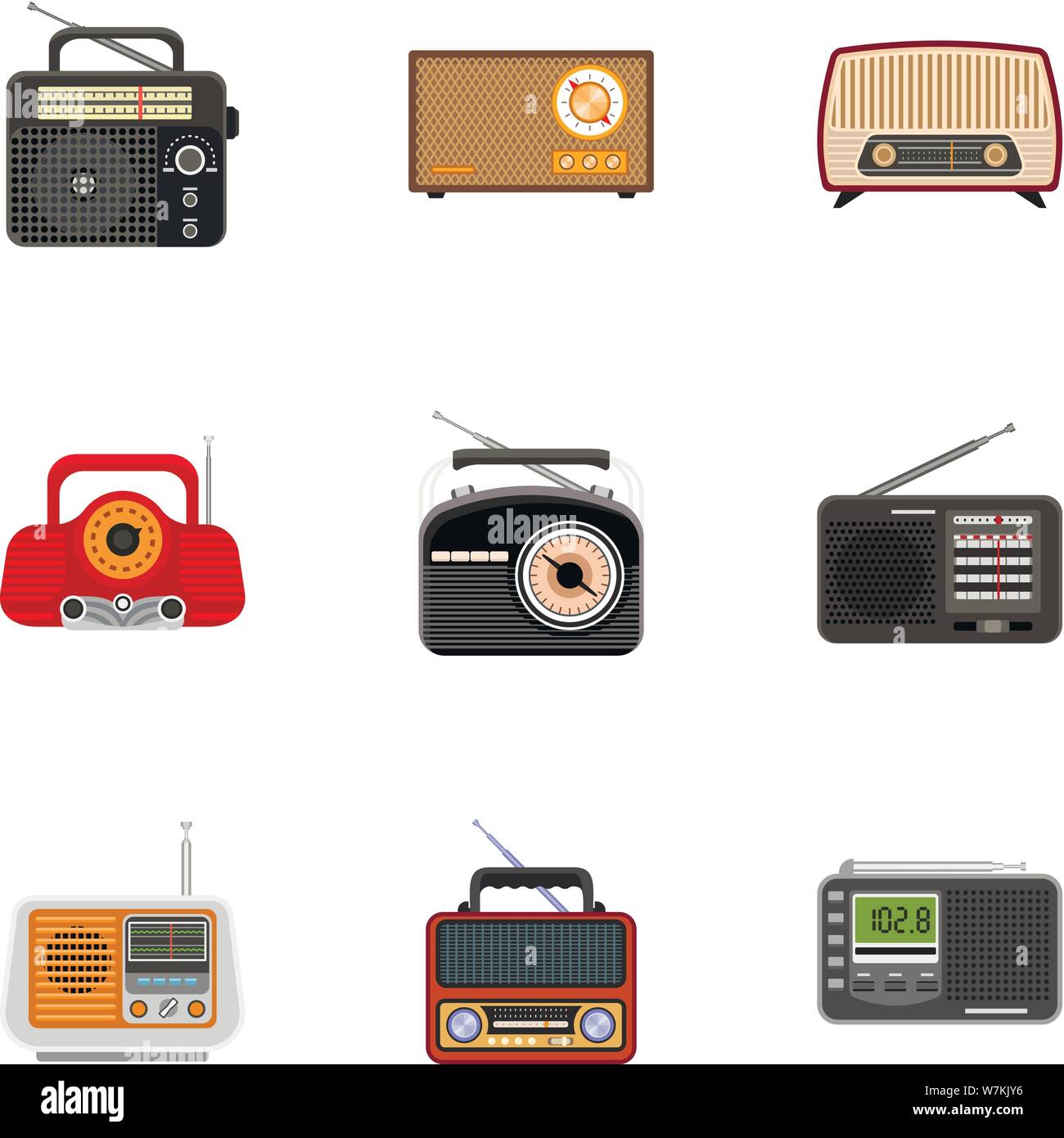 Portable radio icon set. Flat set of 9 portable radio vector icons for ...