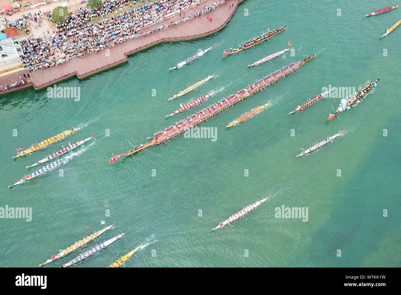 Aerial view of the world's longest wooden dragon boat from Miao ...