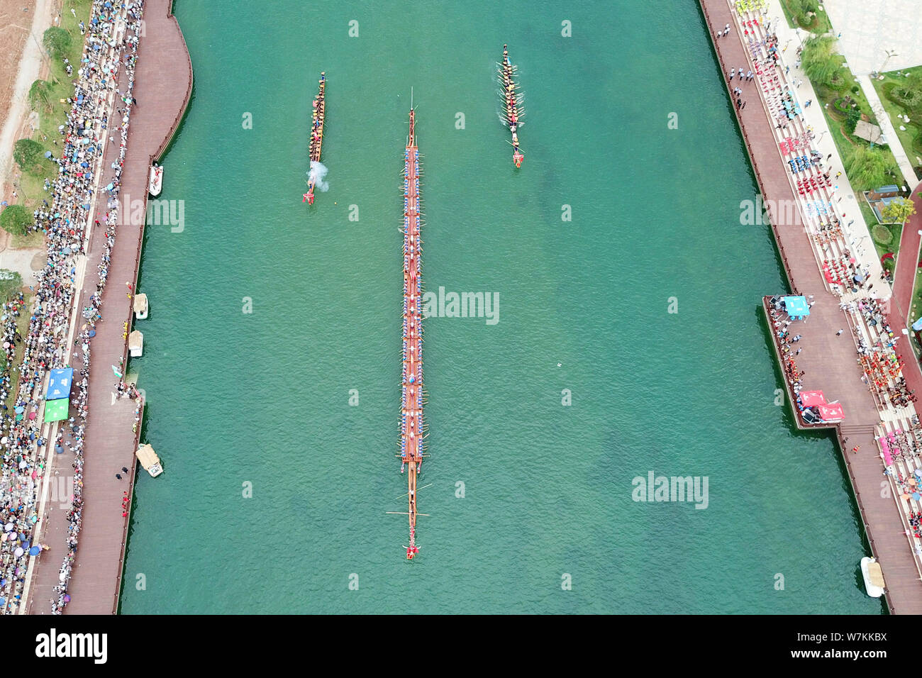 Aerial view of the world's longest wooden dragon boat from Miao ...