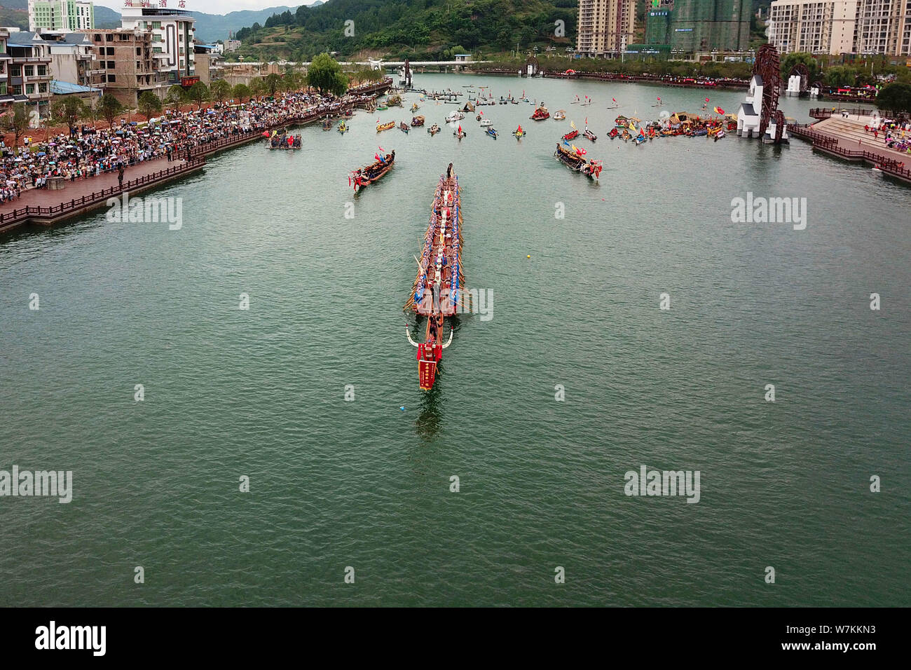 Aerial view of the world's longest wooden dragon boat from Miao ...