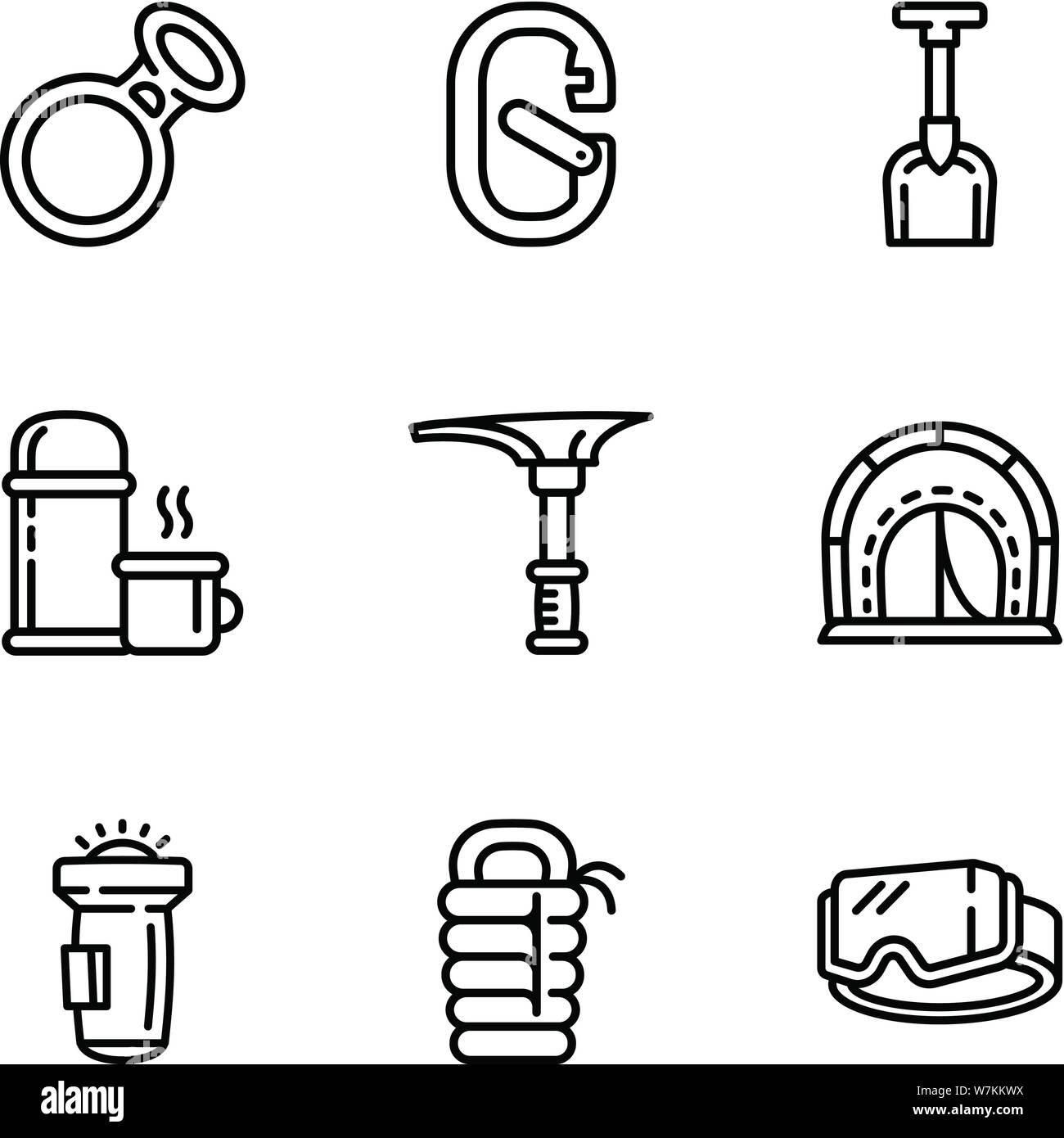 Hiking equipment icon set. Outline set of 9 hiking equipment vector ...