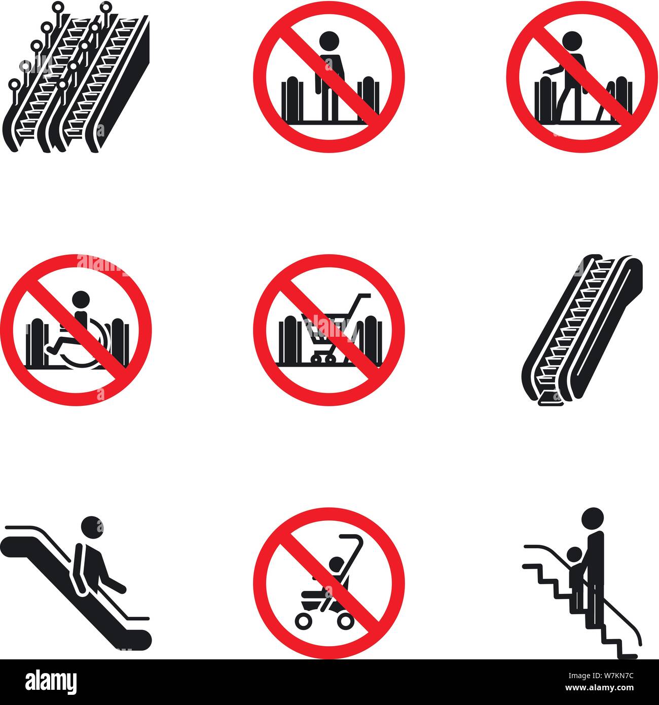 Escalator restriction icon set. Simple set of 9 escalator restriction ...