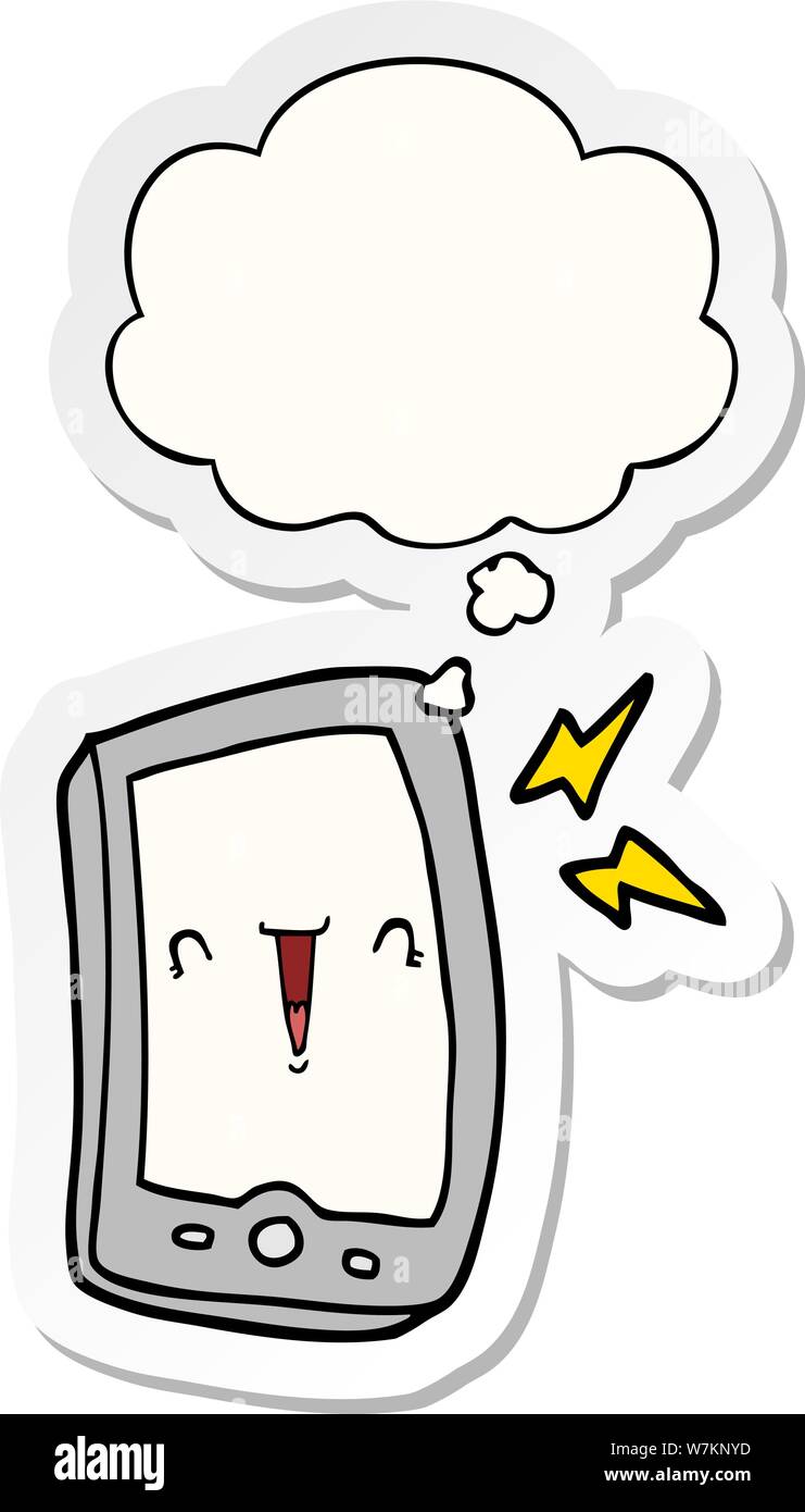 cute cartoon mobile phone with thought bubble as a printed sticker ...