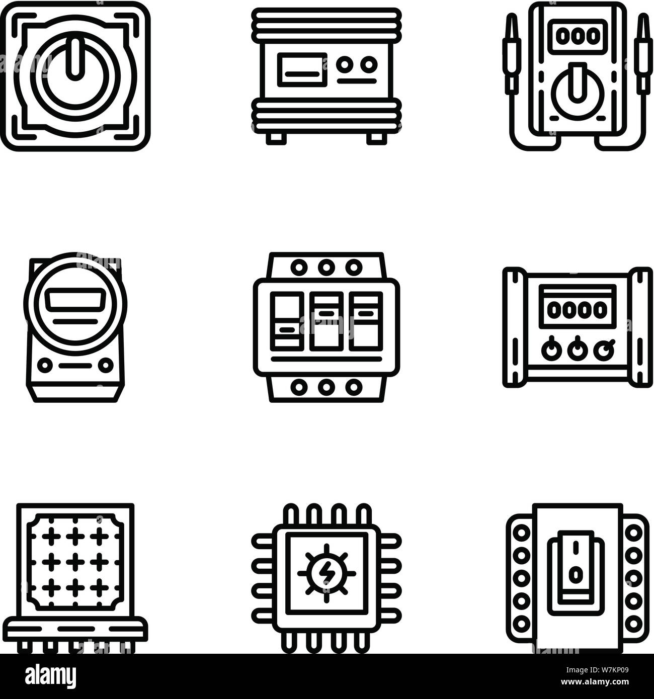 Energy device icon set. Outline set of 9 energy device vector icons for ...