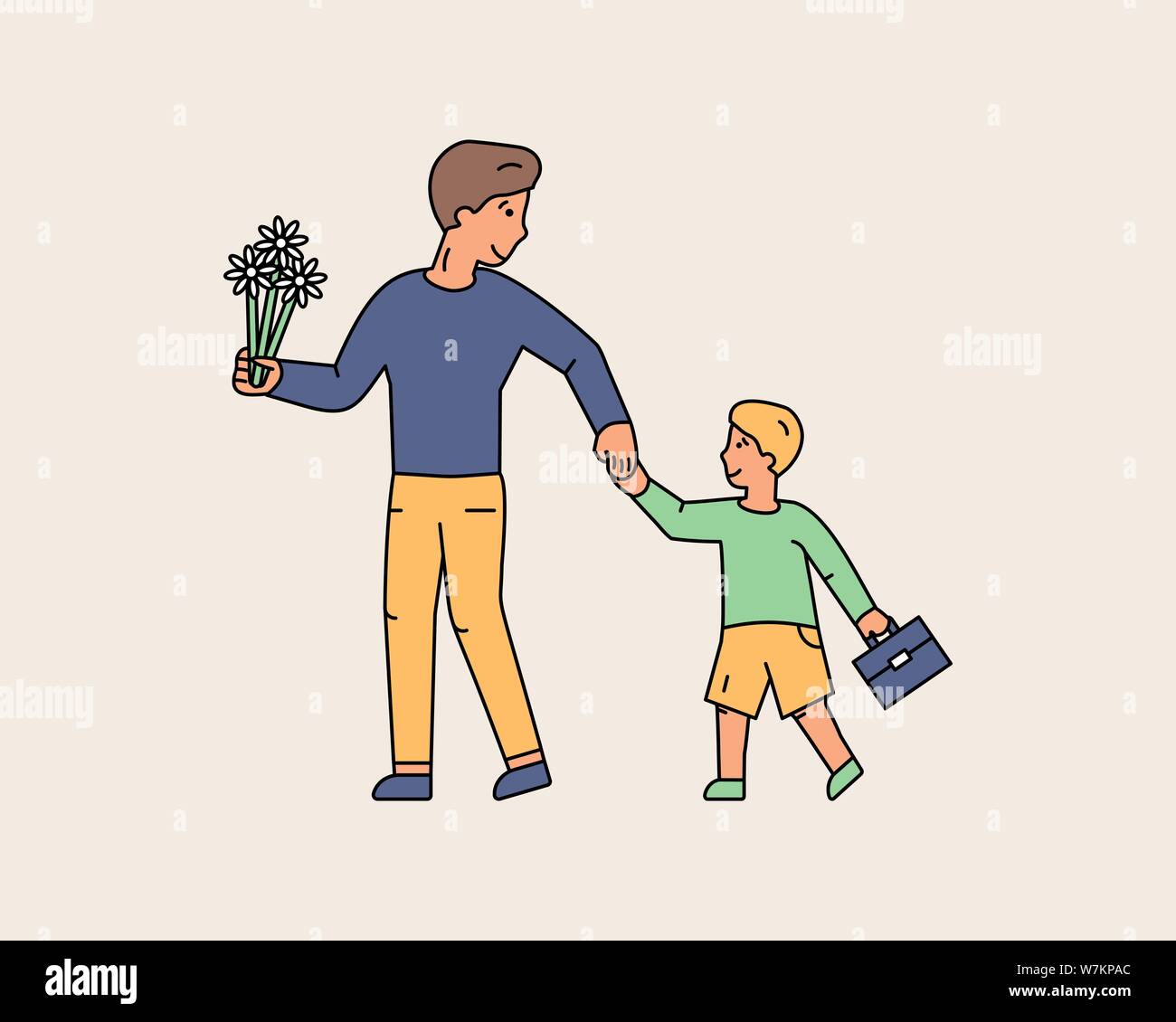 Young dad taking first grader to school. Smiling father holds his son ...