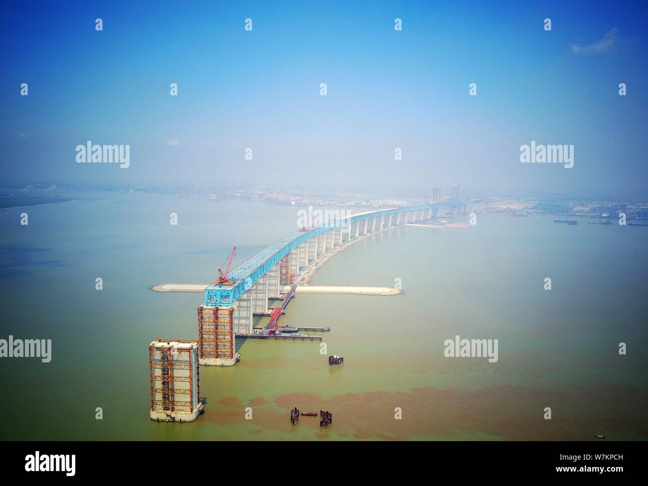 Aerial view of the construction site of the world's longest cable ...