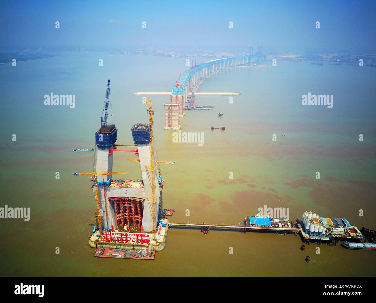 Aerial view of the construction site of the world's longest cable ...