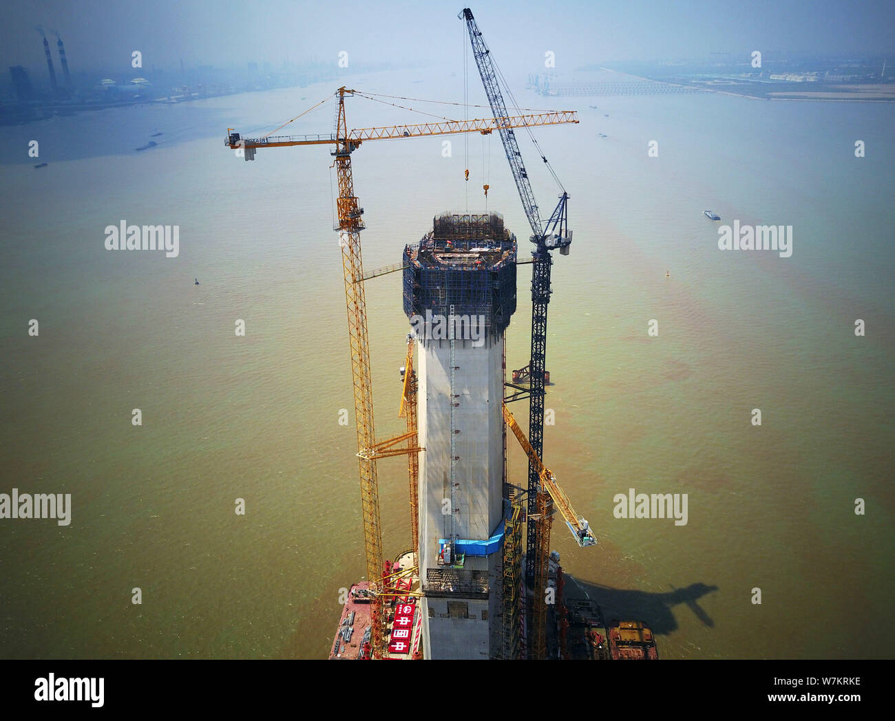 Aerial view of the construction site of the world's longest cable ...