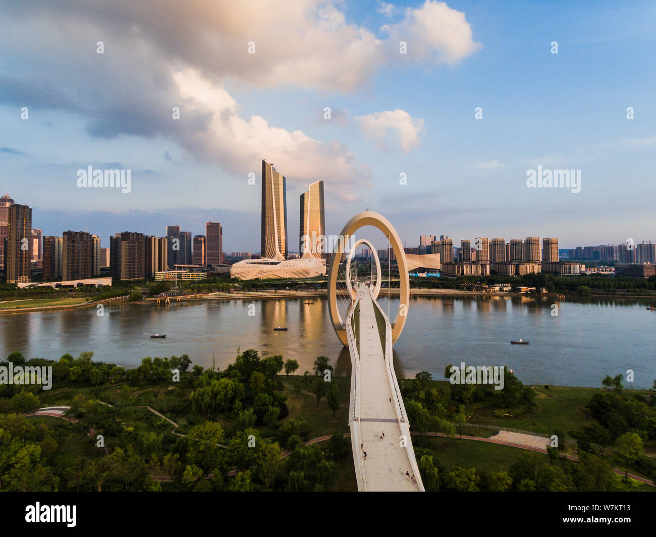 Aerial view of the spick and span pedestrian bridge named "Nanjing Eye ...