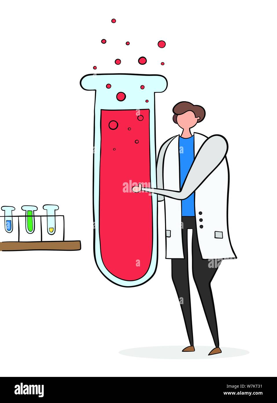 Scientist holding big test tube and doing experiment. Black outlines ...