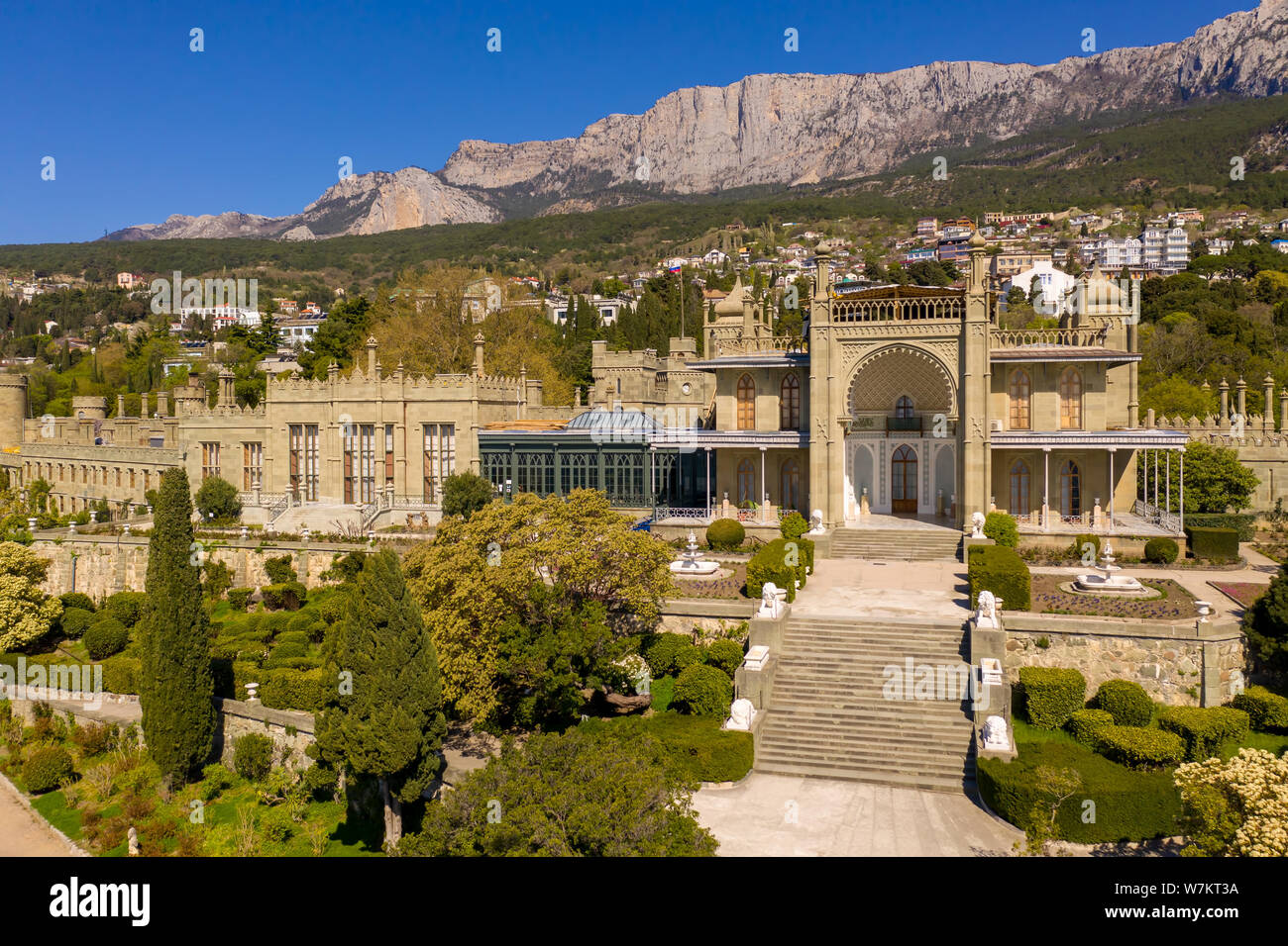 Vorontsov Palace or the Alupka Palace, Crimea. Aerial drone shot Stock ...