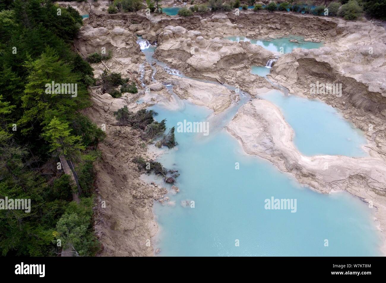 Aerial view of the dried-up Sparkling Lake at Jiuzhaigou Valley after ...