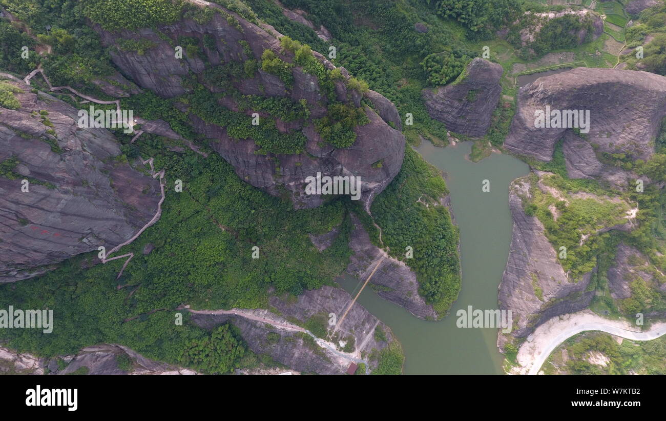 Aerial view of cliff walls in the Shiniuzhai National Geopark in ...