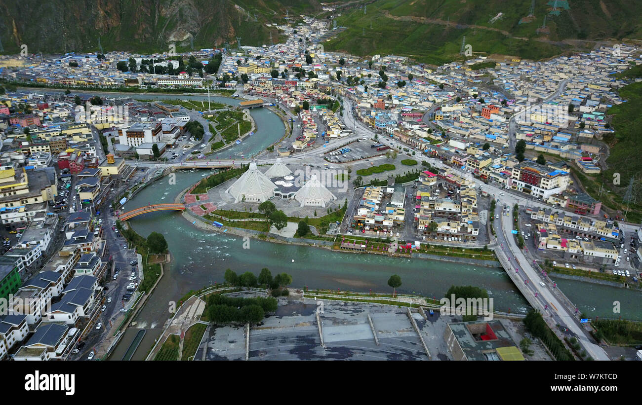 Aerial view of houses in the rebuilt Yushu city affected by the 2010 ...