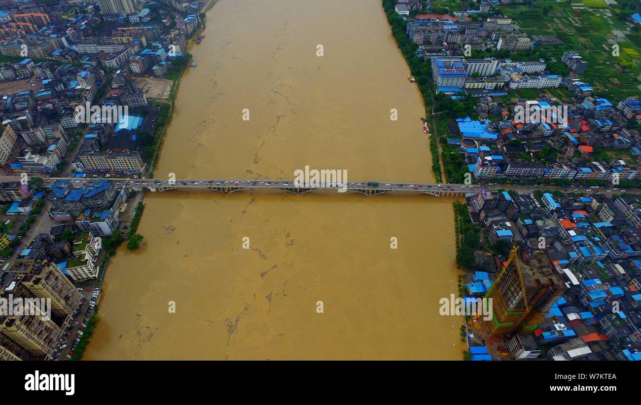 Aerial view of the flooded Rongjiang River caused by heavy rains in ...