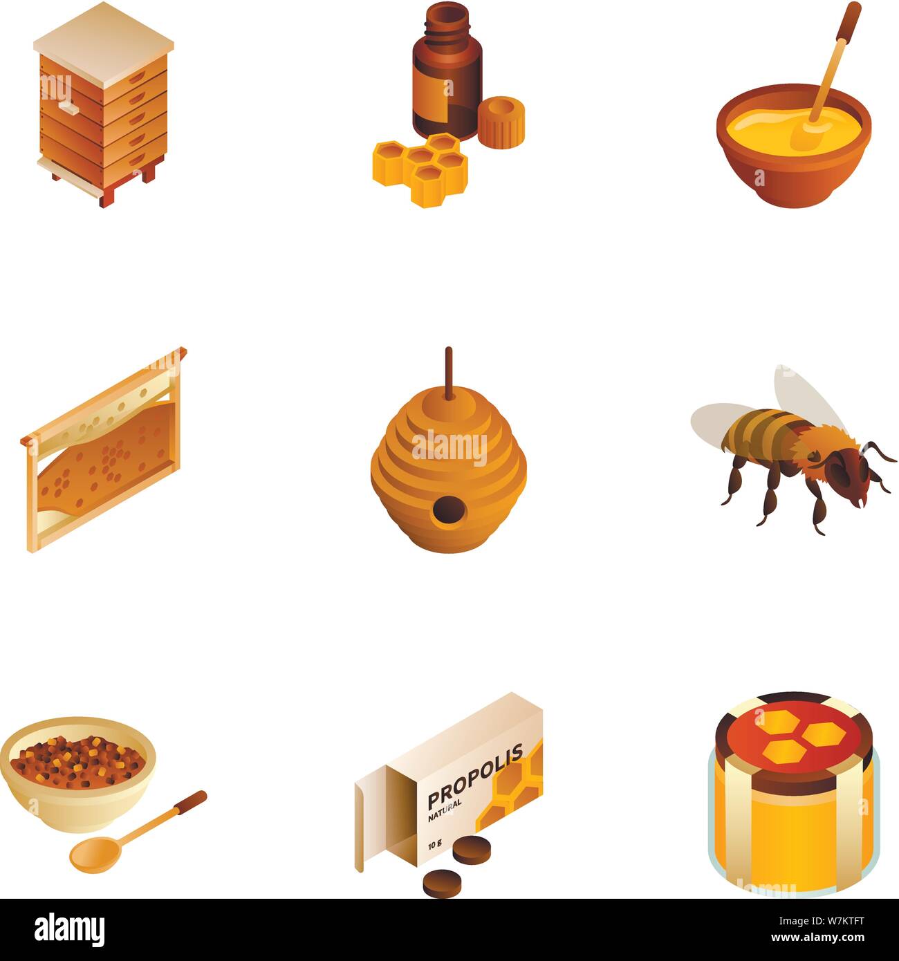 Honey propolis icon set. Isometric set of 9 honey propolis vector icons ...