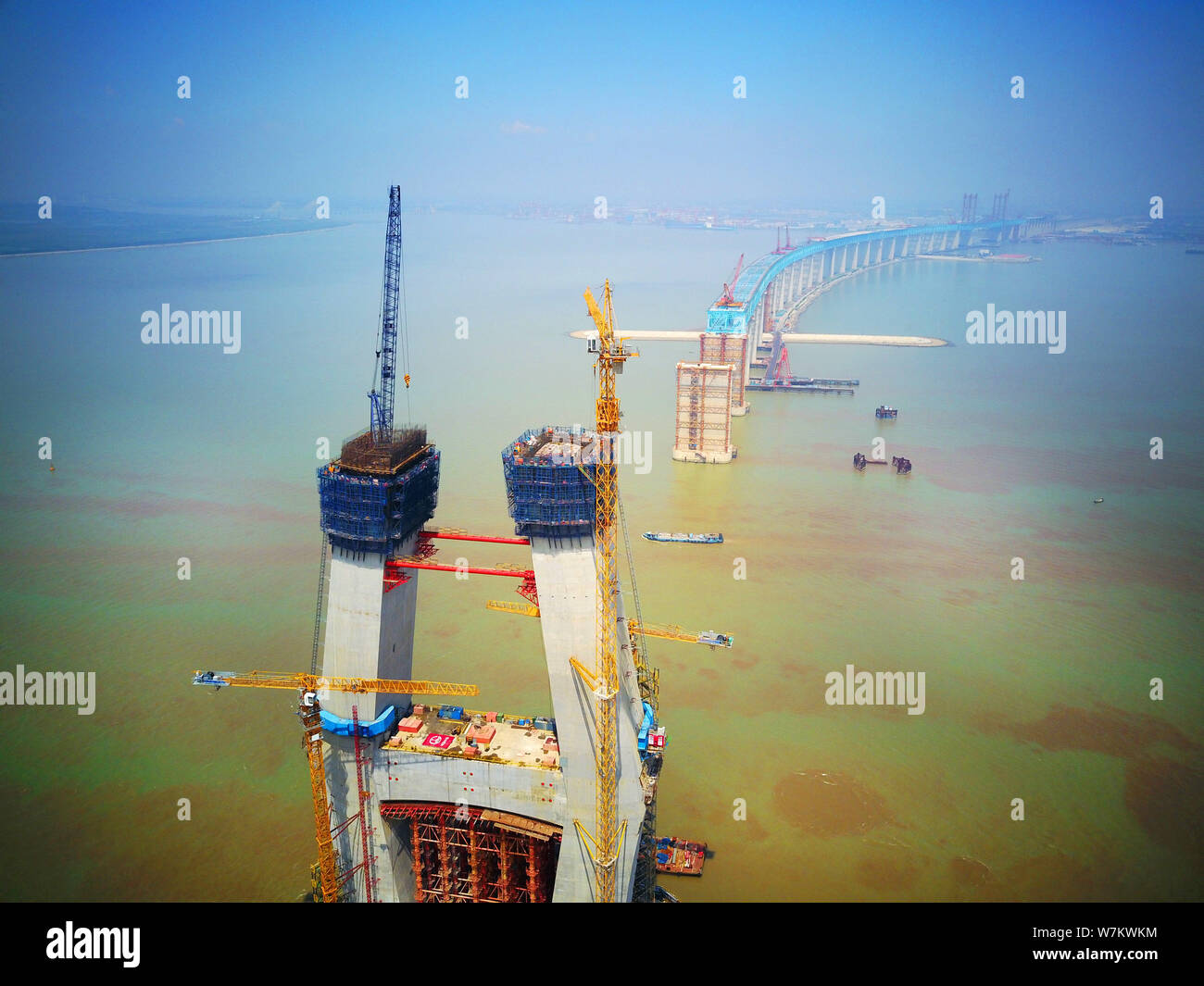 Aerial view of the construction site of the world's longest cable ...
